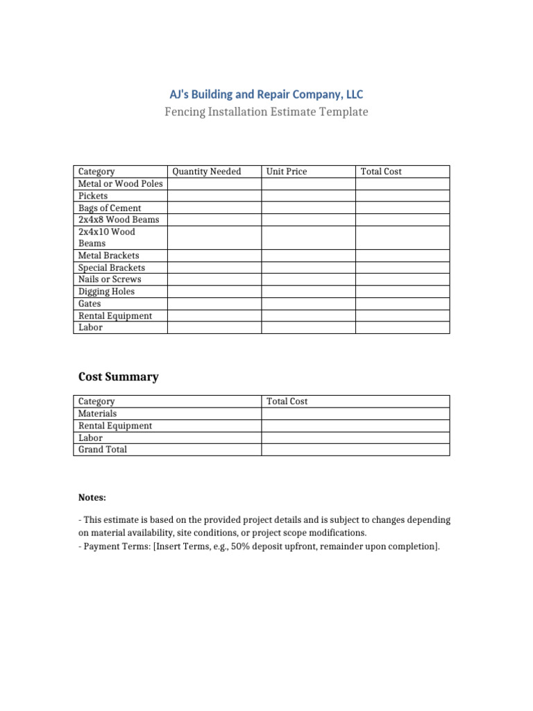 Fencing Installation Estimate Template | PDF