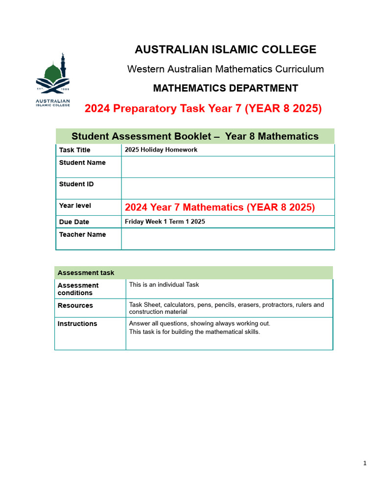 2024 Holiday Homework Year 7-1 | PDF | Mathematics | Numbers