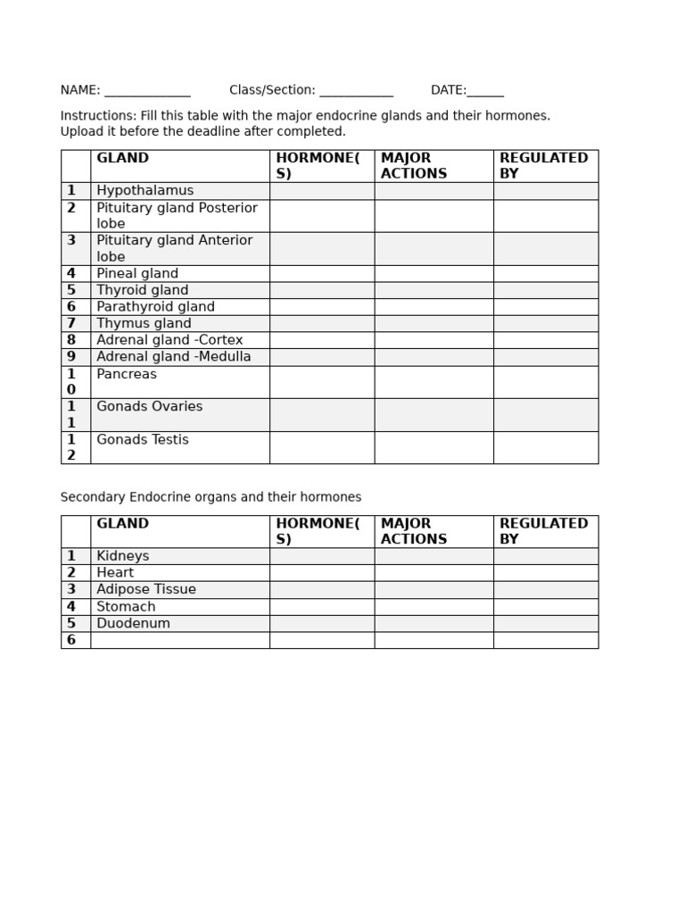 Endocrine Glands and Hormones Table | PDF