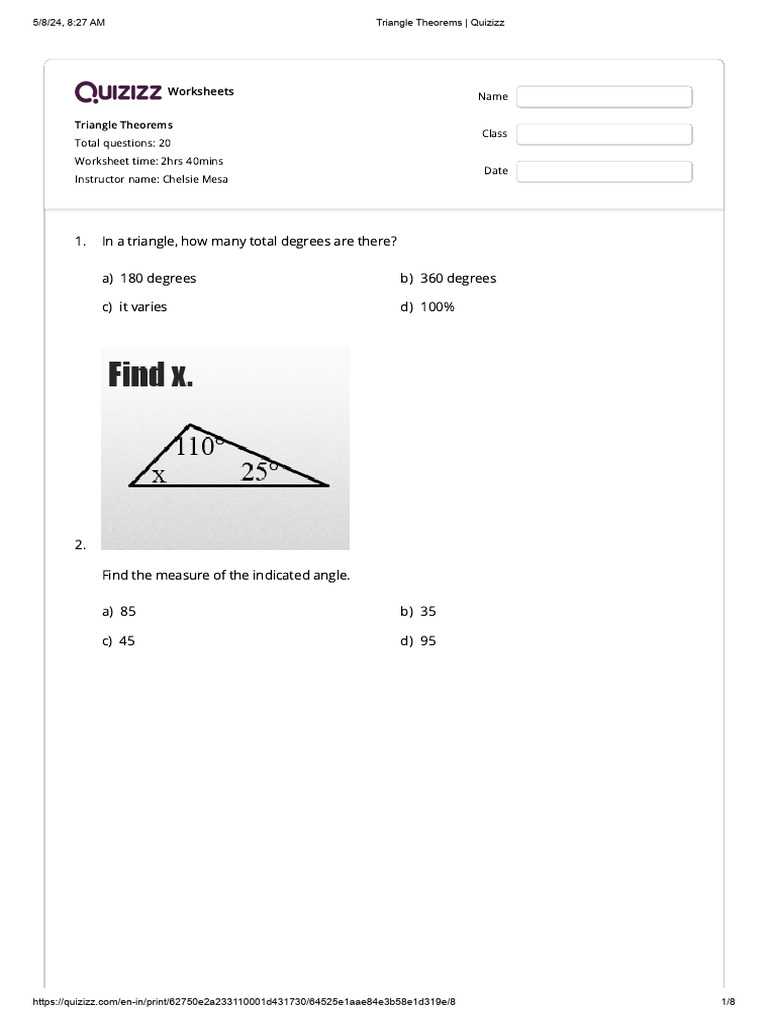 Triangle Theorems Worksheet Quiz | PDF | Triangle | Classical Geometry