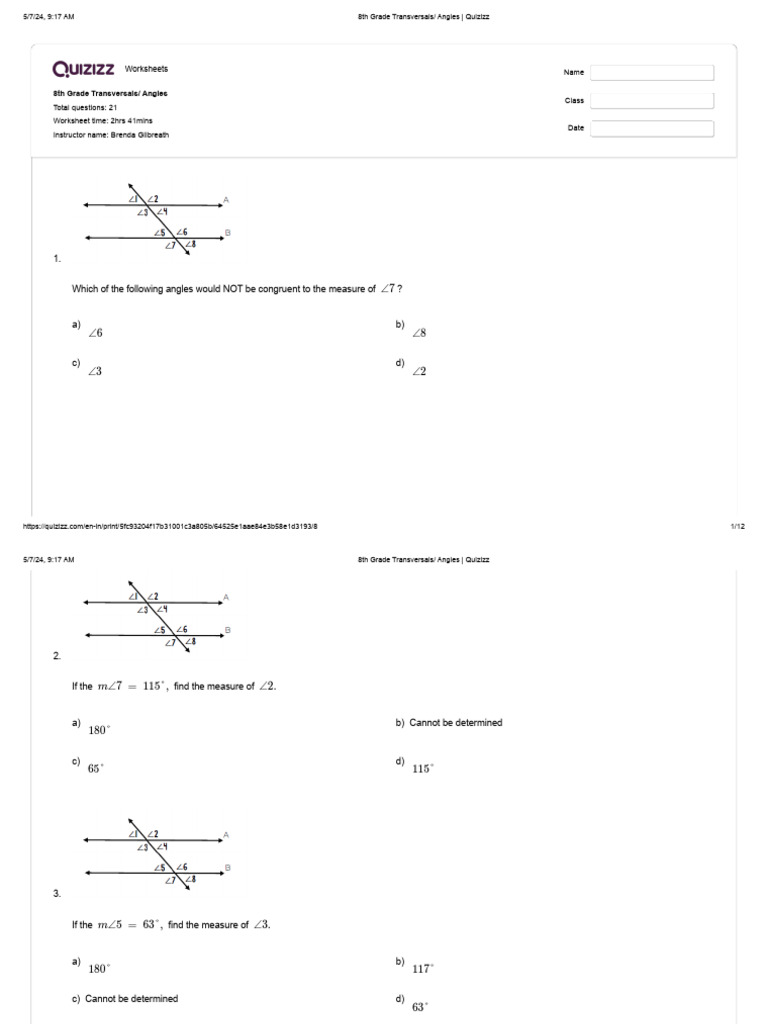 Quizizz - 8th Grade Transversals - Angles | PDF | Euclidean Geometry ...
