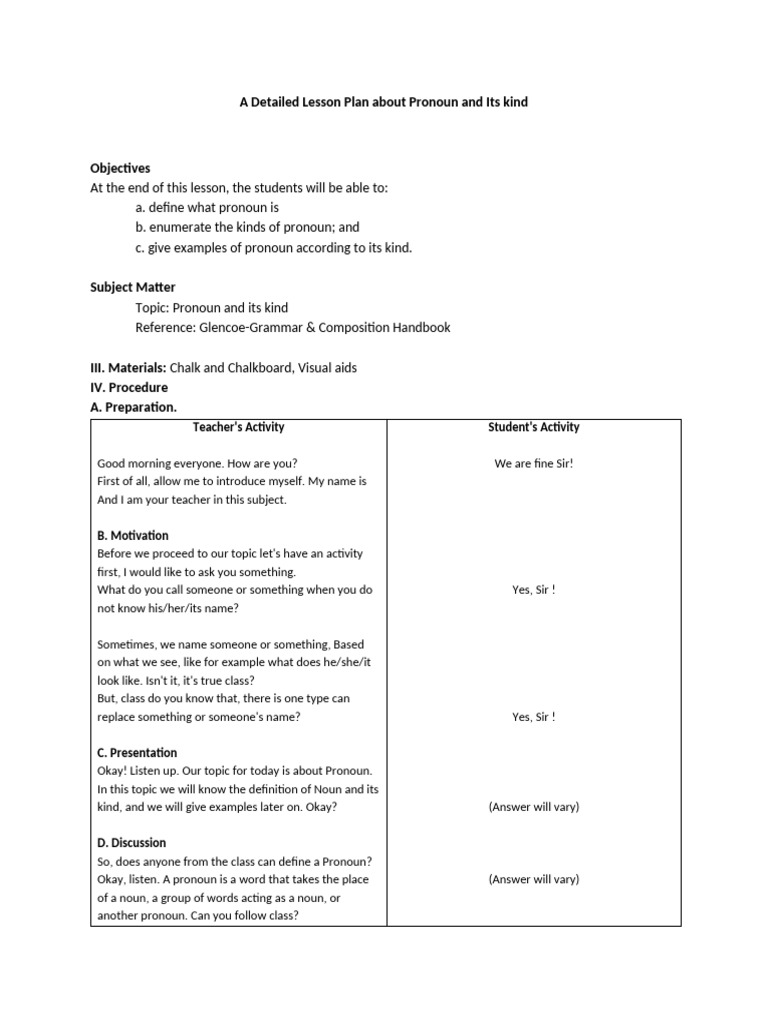 Pre-Demo Lesson Plan Pronoun | PDF | Pronoun | Grammatical Number