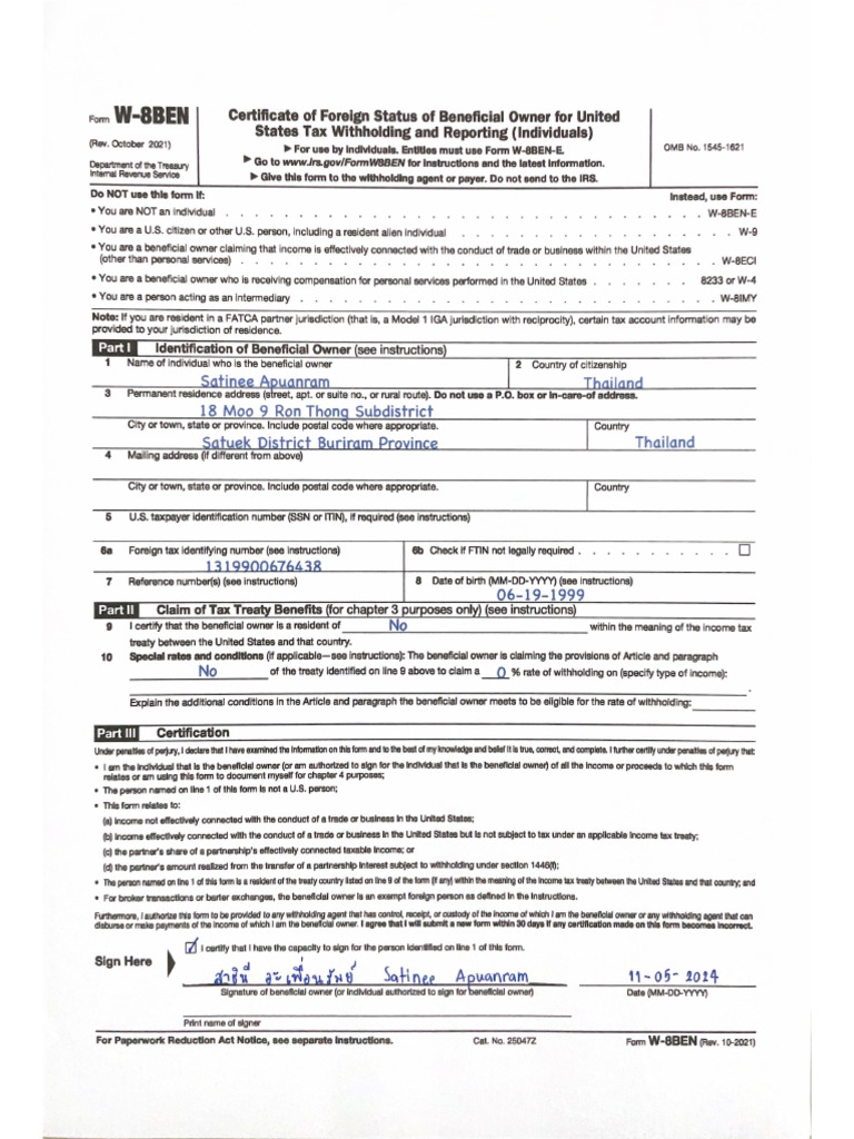 Form W-8BEN | PDF | Taxation | Public Finance