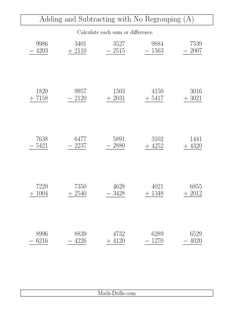 Mixed Additionsubtraction 4digit 4digit Noregrouping 001.1444315639 | PDF