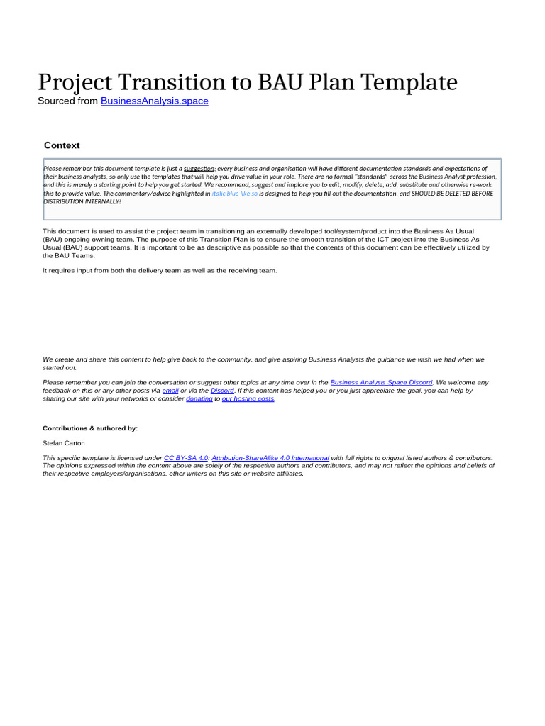 BusinessAnalysis - Space Project Transition To BAU Plan Template | PDF ...