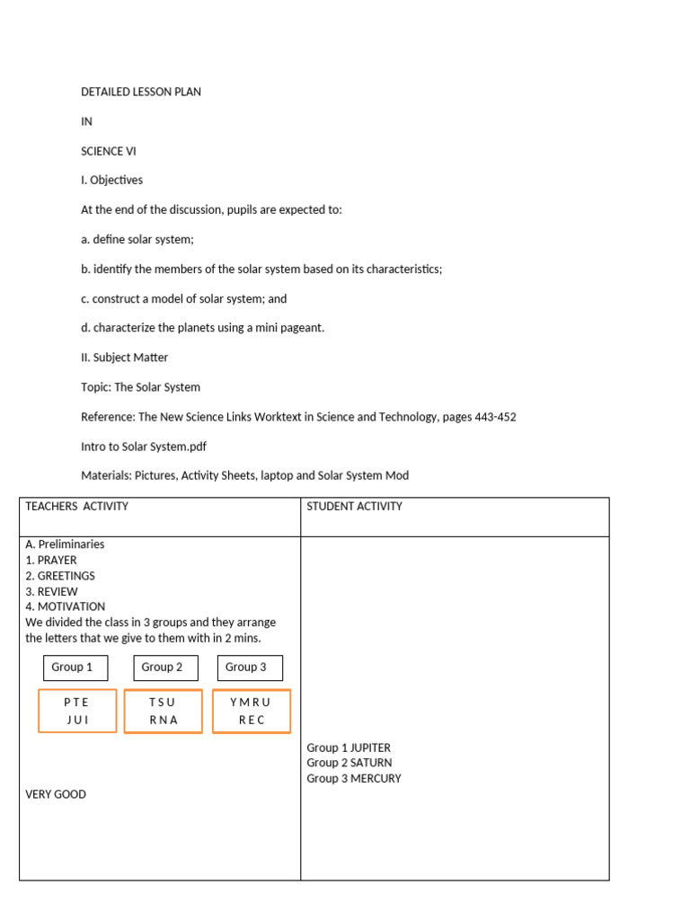Detailed Lesson Plan Grade 6 | PDF | Solar System | Planets
