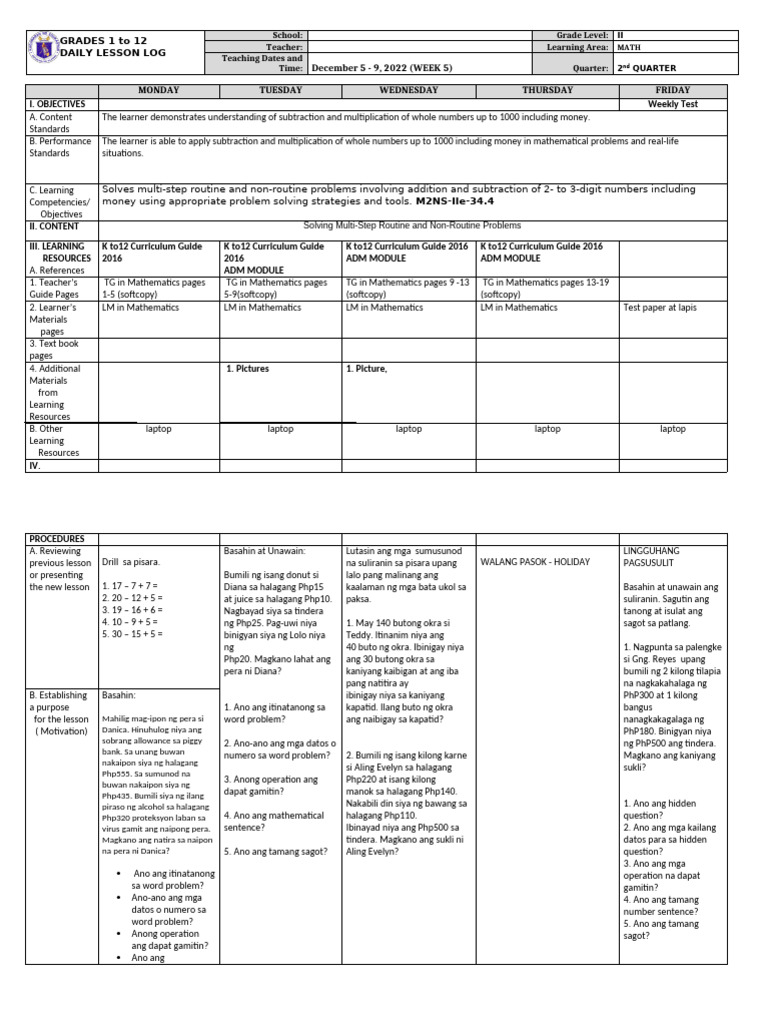 DLL - Math 2 - Q2 - W5 | PDF