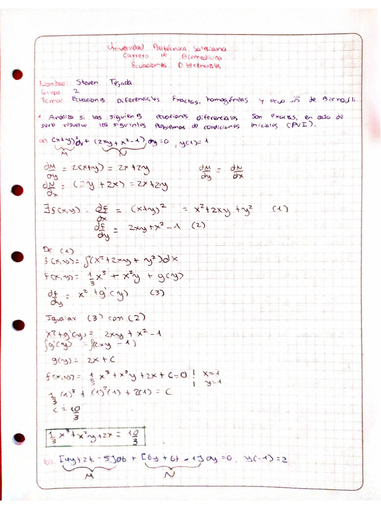 Steven Tejada EDO Tarea 2 Ecuaciones Diferenciales Exactas, Homogéneas y Ecuación de Bernoulli | PDF