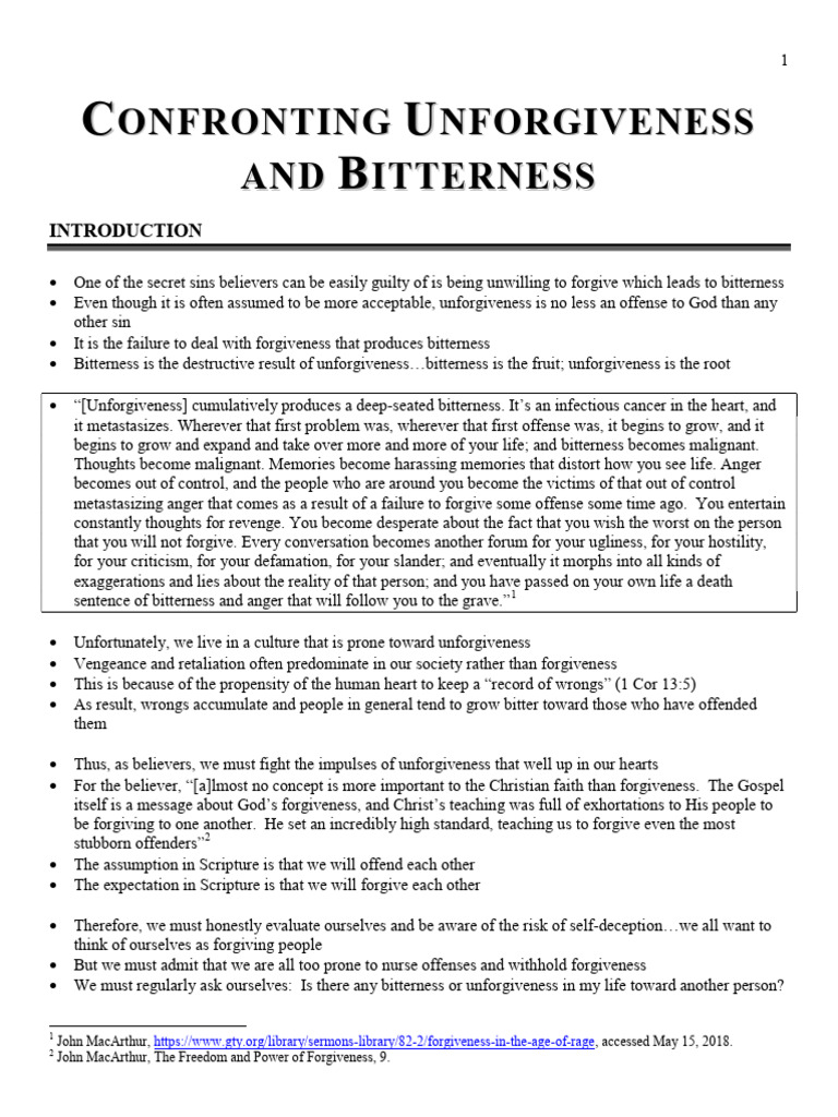 Class 10 Confronting Unforgiveness and Bitterness | PDF | Forgiveness ...