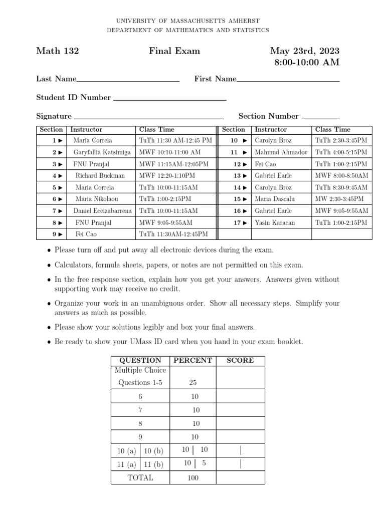 Math 132 Final Exam Instructions | PDF | Equations | Function (Mathematics)