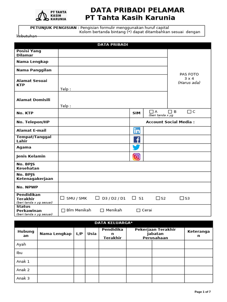 1_ Form Data Pribadi Pelamar 2024 TKK | PDF