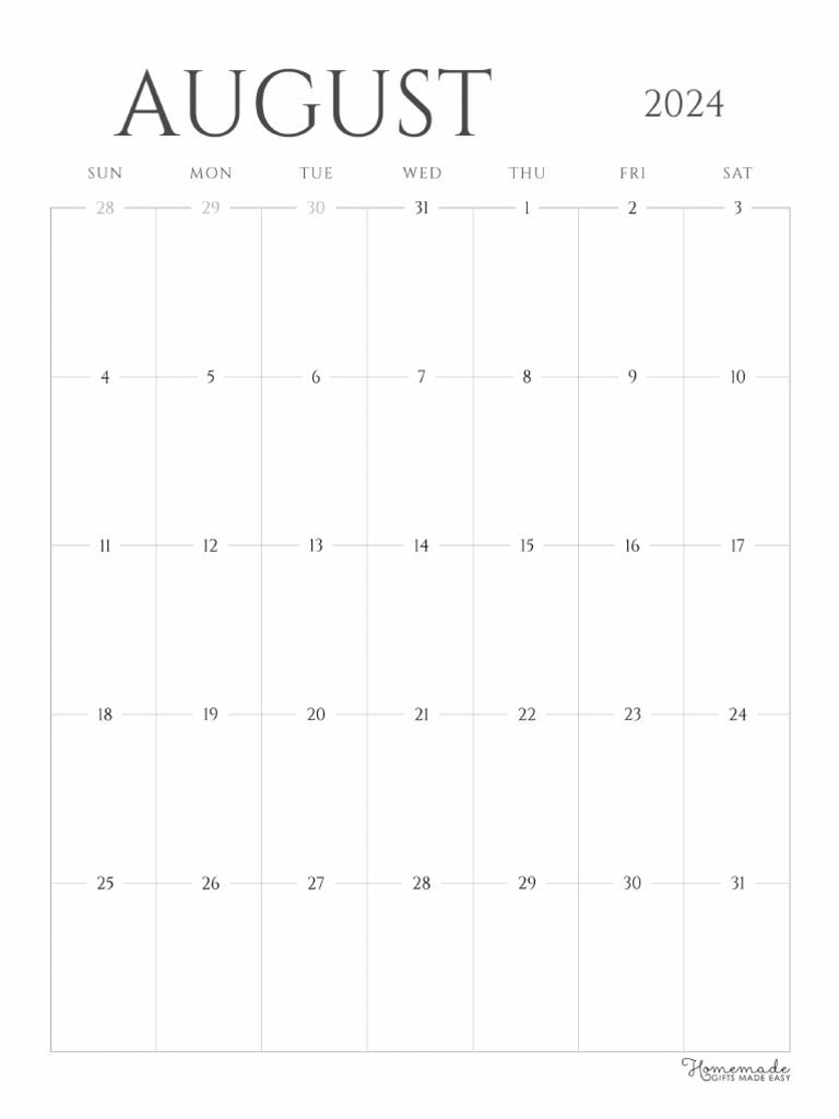 August 2024 Calendars Grayscale Minimalist Portrait | PDF
