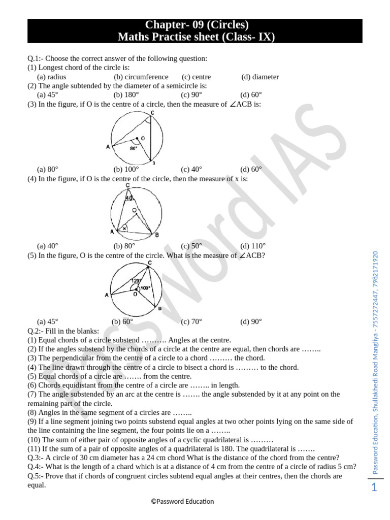 Class 9TH Practise CH 09 Circle | PDF | Circle | Angle