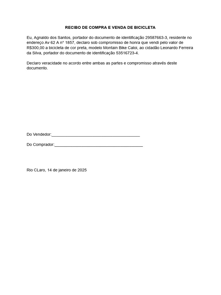 Recibo de Compra e Venda de Bicicleta | PDF