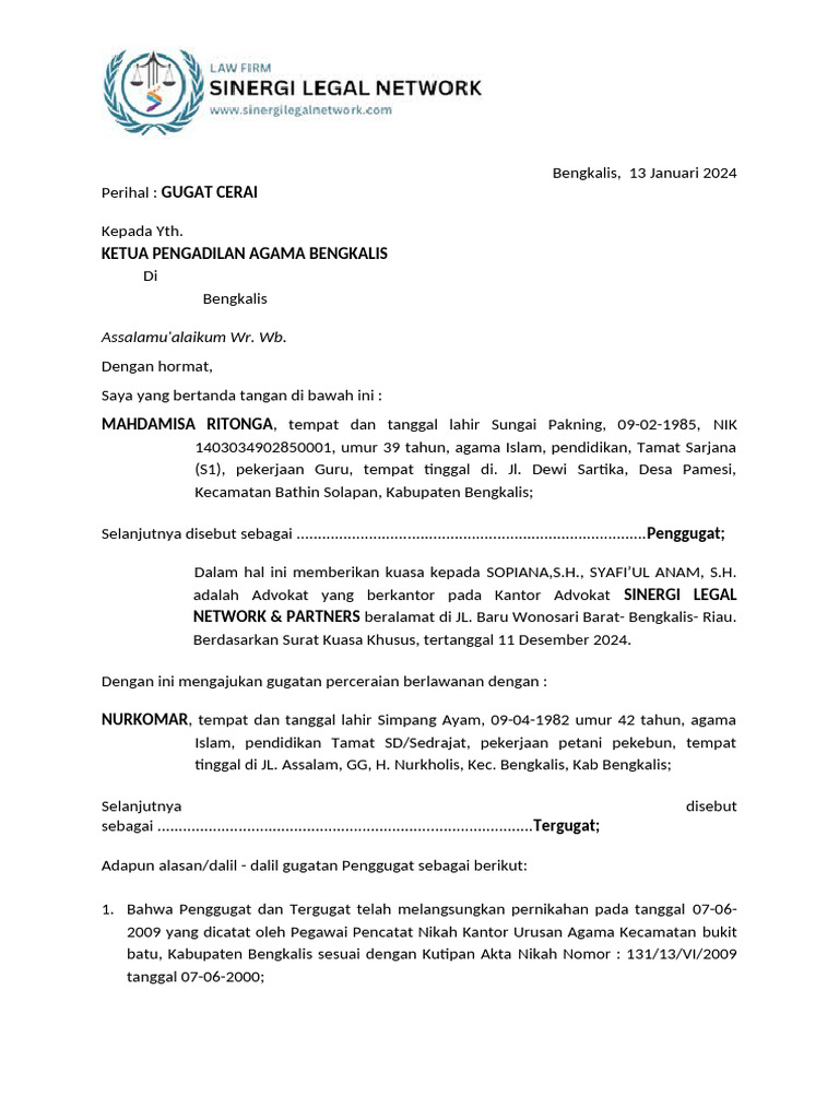 Contoh Surat Gugatan Cerai Pengadilan | PDF