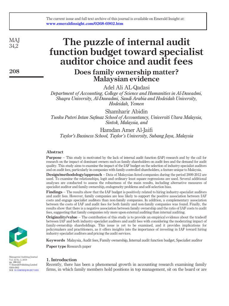 The Puzzle of Internal Audit Function Budget Toward Specialist Auditor ...