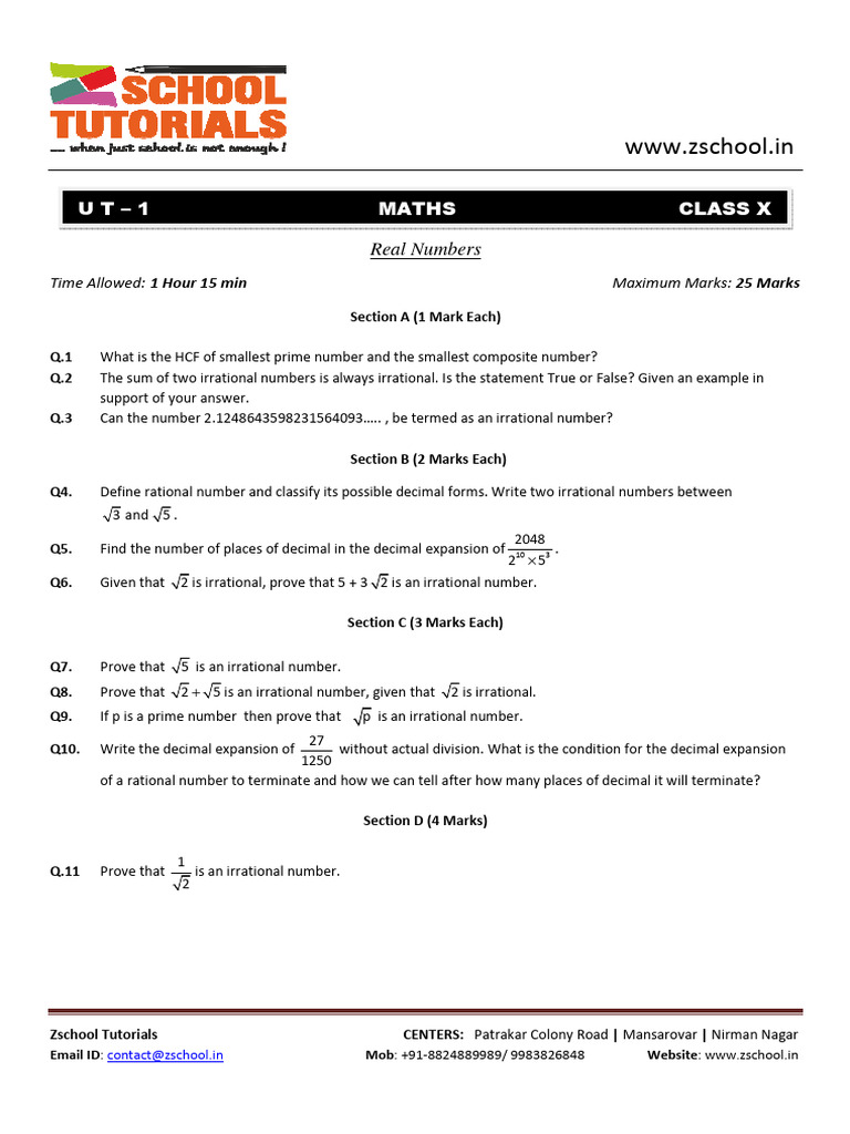 10th - Maths UT 1 - Real Numbers - Decimal Form and Irrationality | PDF