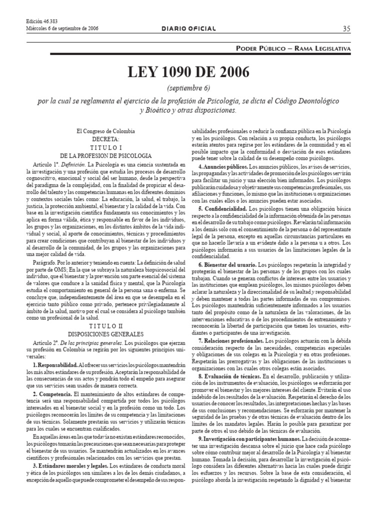 Ley 1090 de 2006 (Reglamenta Profesión de Psicología) | PDF | Psicólogo | Sicología