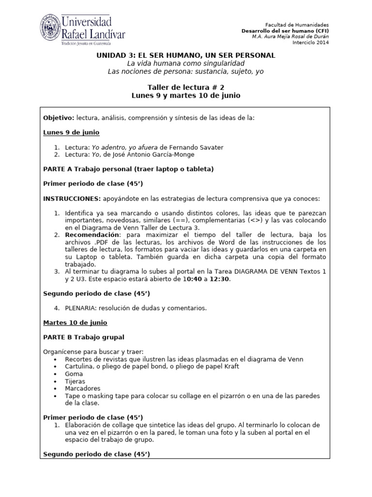 Taller de Lectura 3 TEXTOS 1 y 2 Unidad 3 El Ser Humano Un Ser Personal ...
