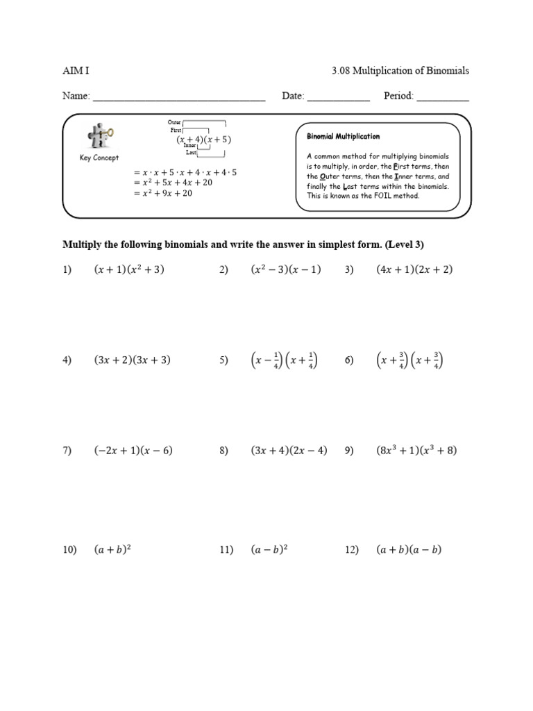 3.08 Multiplication of Binomials | PDF | Mathematics | Abstract Algebra
