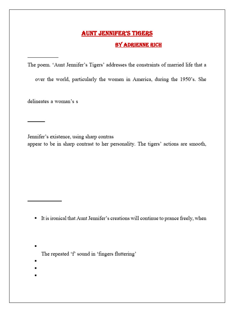 Aunt Jennifer's Tigers - Notes | PDF | Poetry
