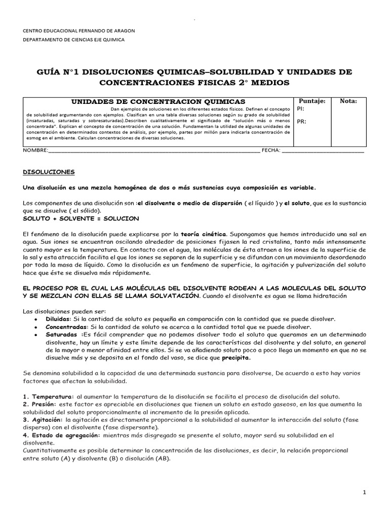 FISICA 2º MEDIO Guia N°1 Solubilidad y Unidades de Concentracion Fisica 2019 | PDF | Solubilidad ...