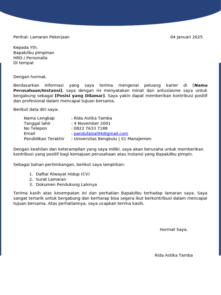 Surat Lamaran Rida Astika Tamba Word | PDF