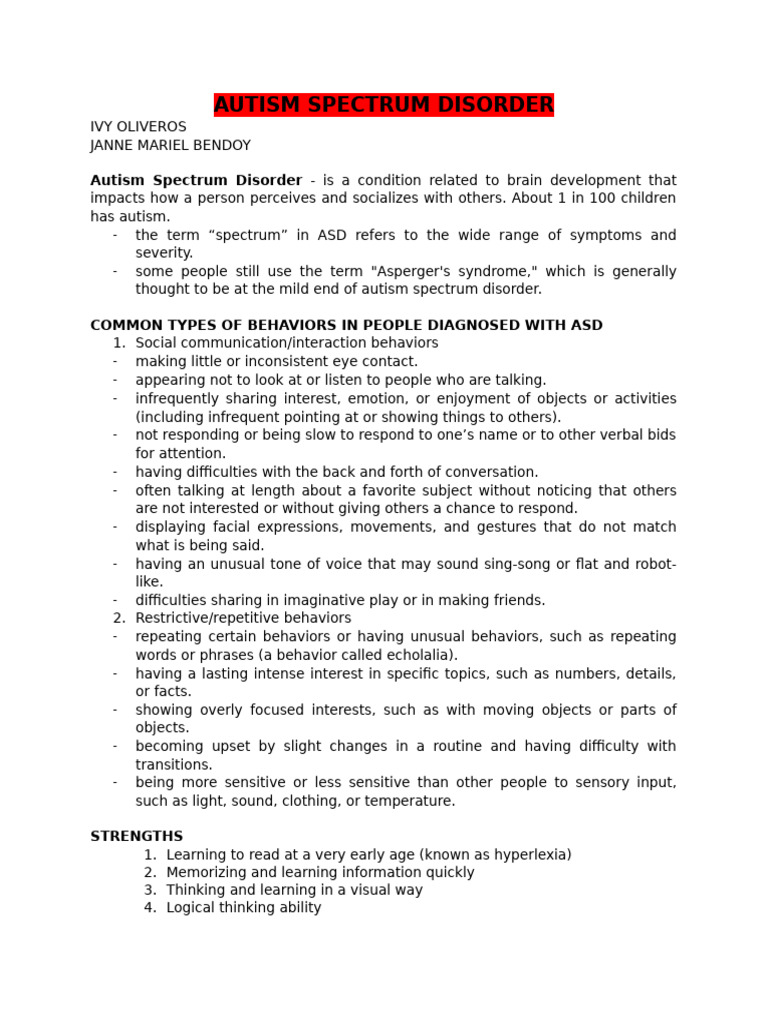 AUTISM SPECTRUM DISORDER | PDF | Autism Spectrum | Behavioural Sciences