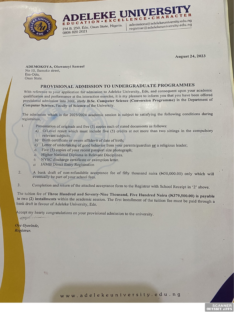 Provisional Admission Letter | PDF