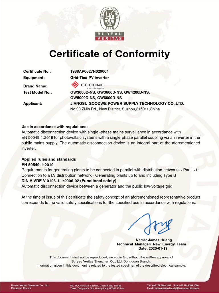 Certificate of Conformity for PV Inverters | PDF
