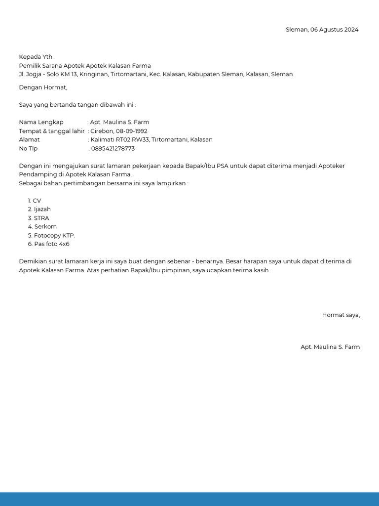 Surat Lamaran Kerja Apt. Maulina S. Farm | PDF