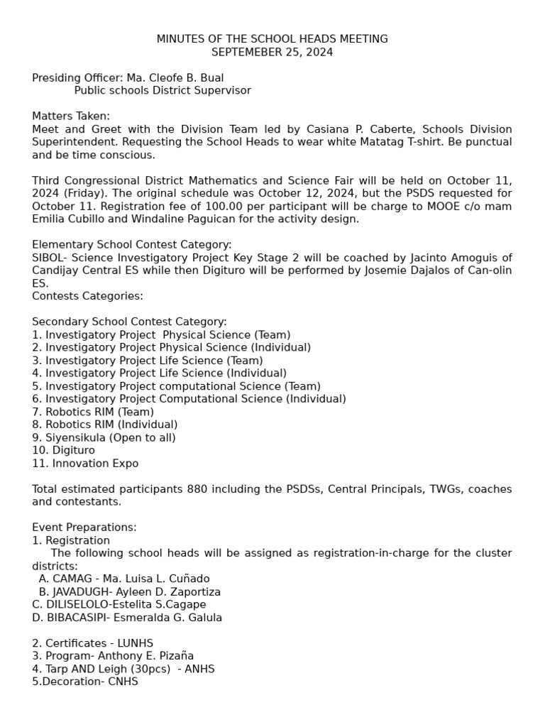 MINUTES-OF-THE-SCHOOL-HEADS-MEETING-science-fair | PDF