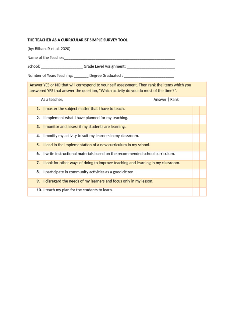 Teacher Self-Assessment Survey Tool | PDF