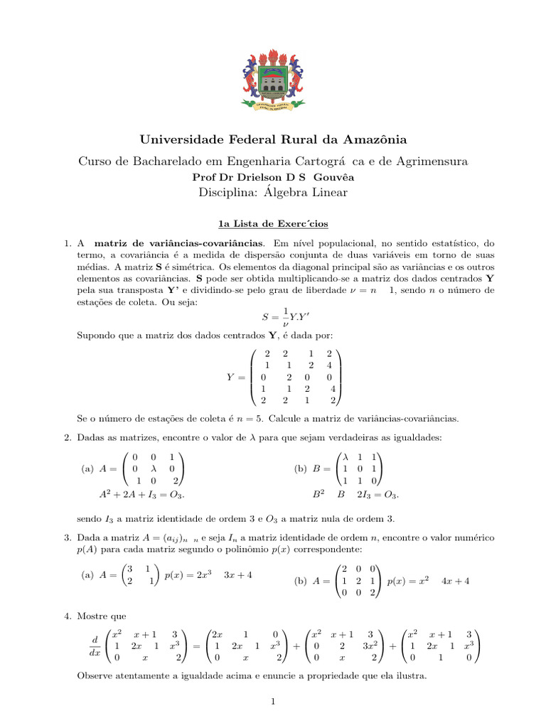 1a Lista Lgebra Linear EC | PDF