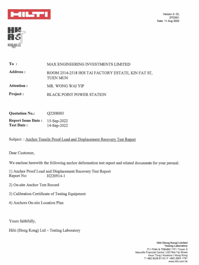 HILTI Anchor Test 15sep2022 | PDF