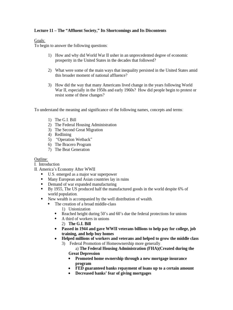 Lecture11 AffluentSociety Outline 2022 | PDF | Federal Housing Administration | Mortgages