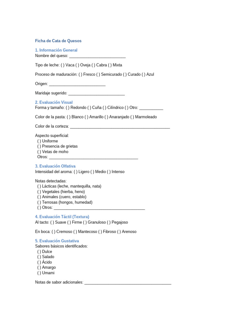 Ficha Completa de Cata de Quesos | PDF