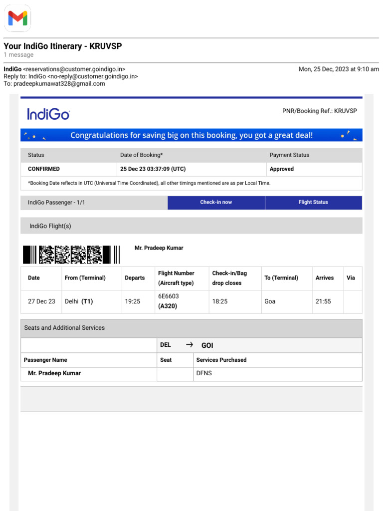 Gmail - Your IndiGo Itinerary - KRUVSP | PDF | Airport