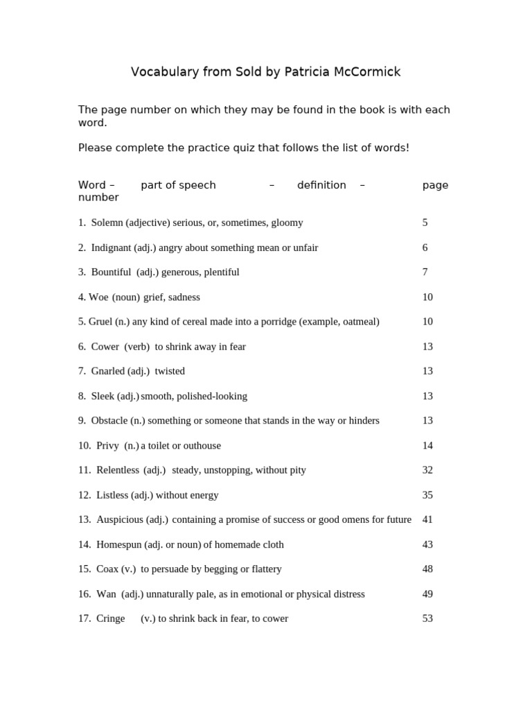 Vocabulary From Sold by Patricia Mccormick | PDF | Adjective | Morphology