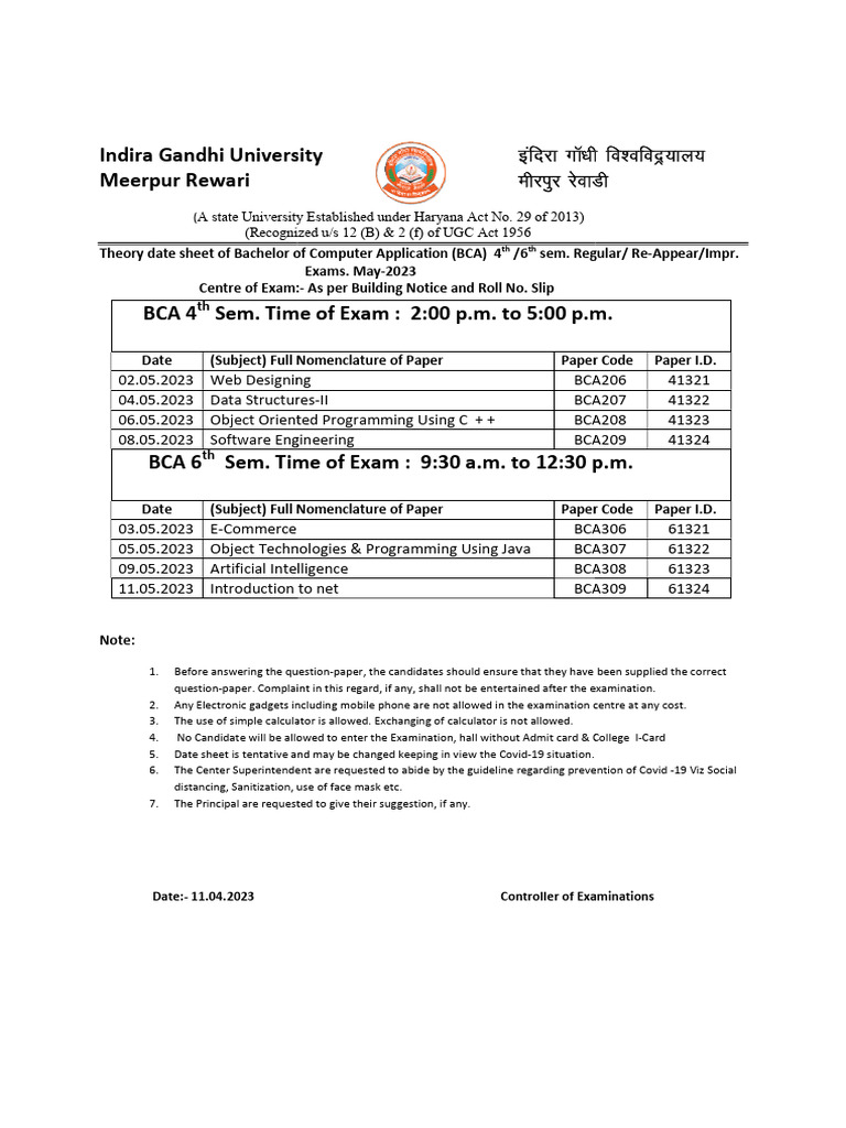 BCA Exam Date Sheet May 2023 - IGU | PDF | Computer Science ...