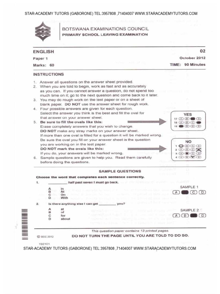 English Paper 1 2012 (Psle) | PDF