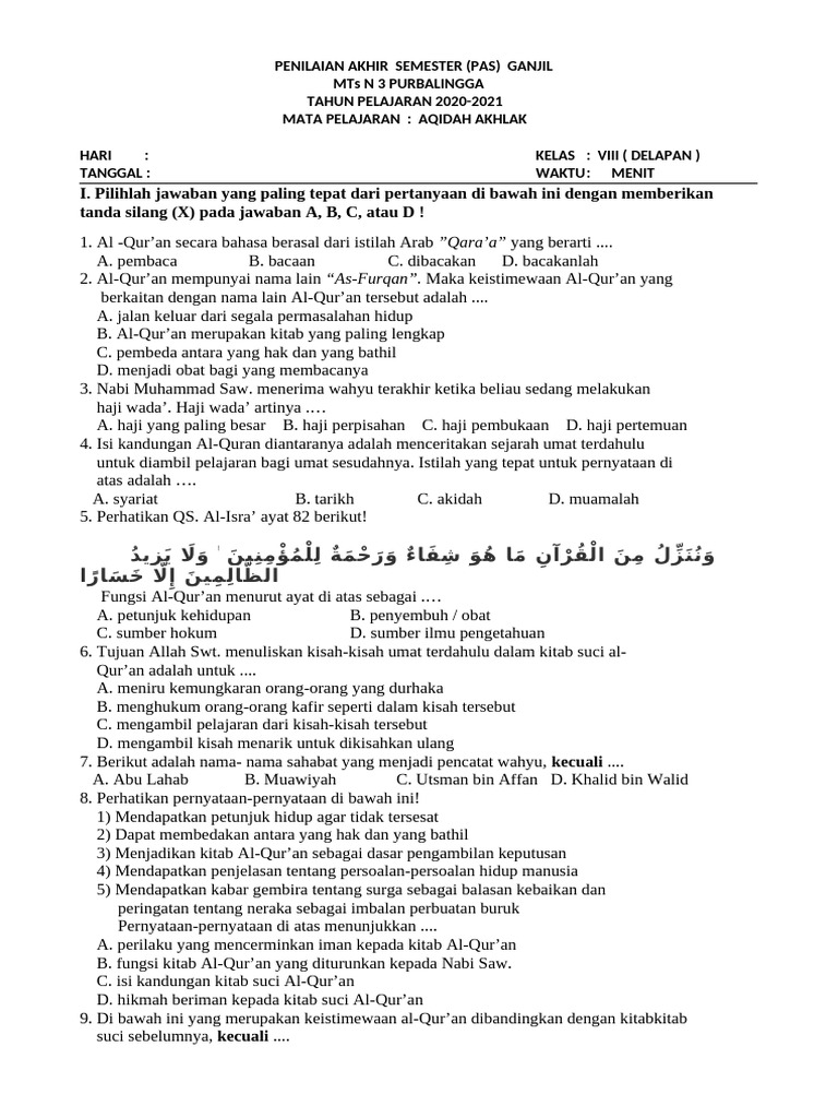 soal pas akidah akhlak kls 8 | PDF