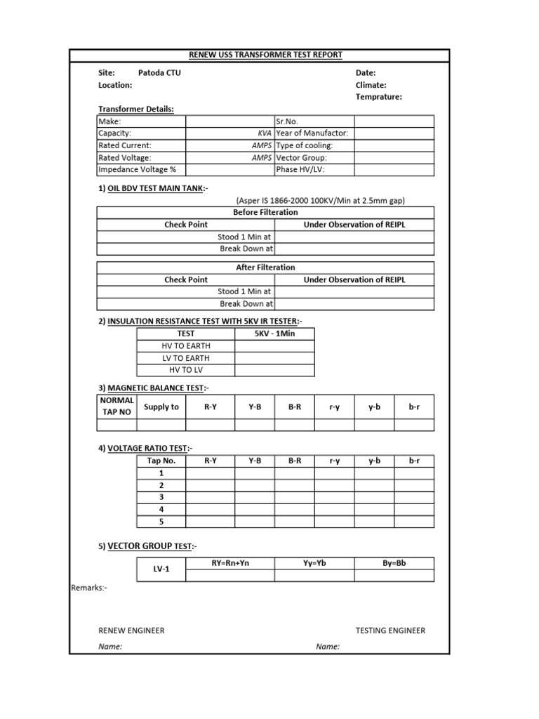 TRANSFORMER TEST REPORT | PDF