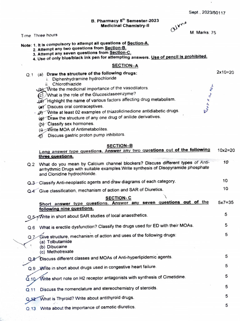 B Pharmacy 5th Sem 2023 Question Paper PGIMS Rohtak | PDF | Pharmaceutical Formulation | Drugs