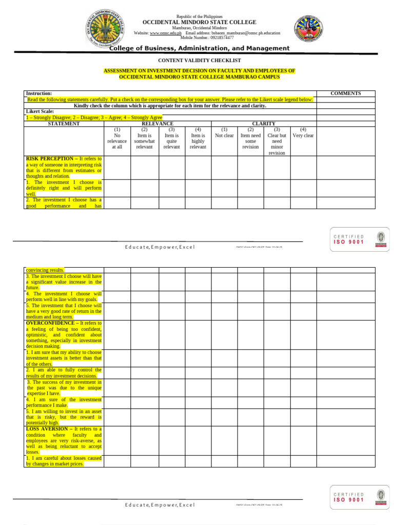 Content Validity Form (OM) | PDF | Risk Aversion | Psychology