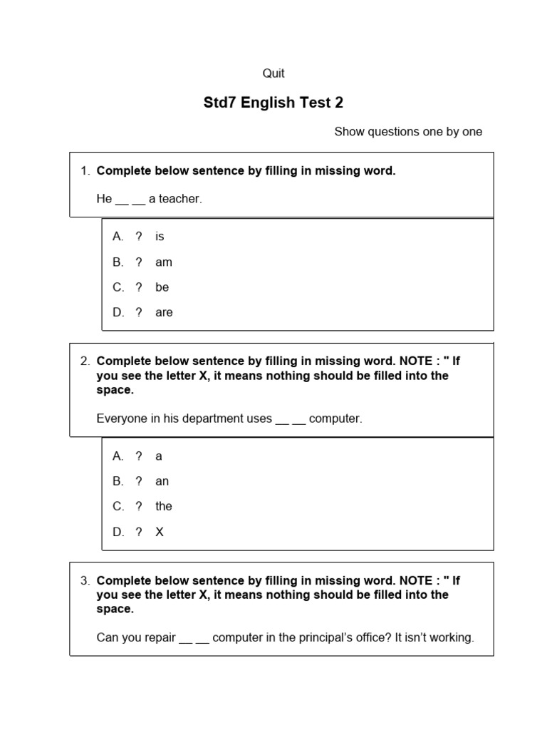 Std7 English Test 2 | PDF