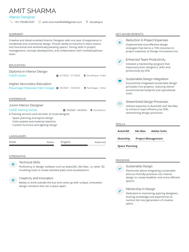 Junior Interior Designer CV - Amit Sharma | PDF | Sustainable Design ...