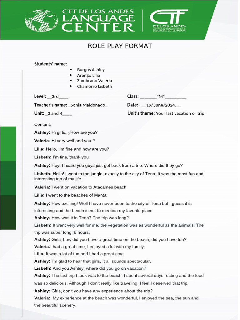 Role Play: Vacation Experiences Dialogue | PDF