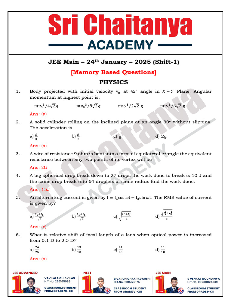 JEE Main 24th Jan Shift 1 Paper Solution PDF | PDF | Physics | Physical ...