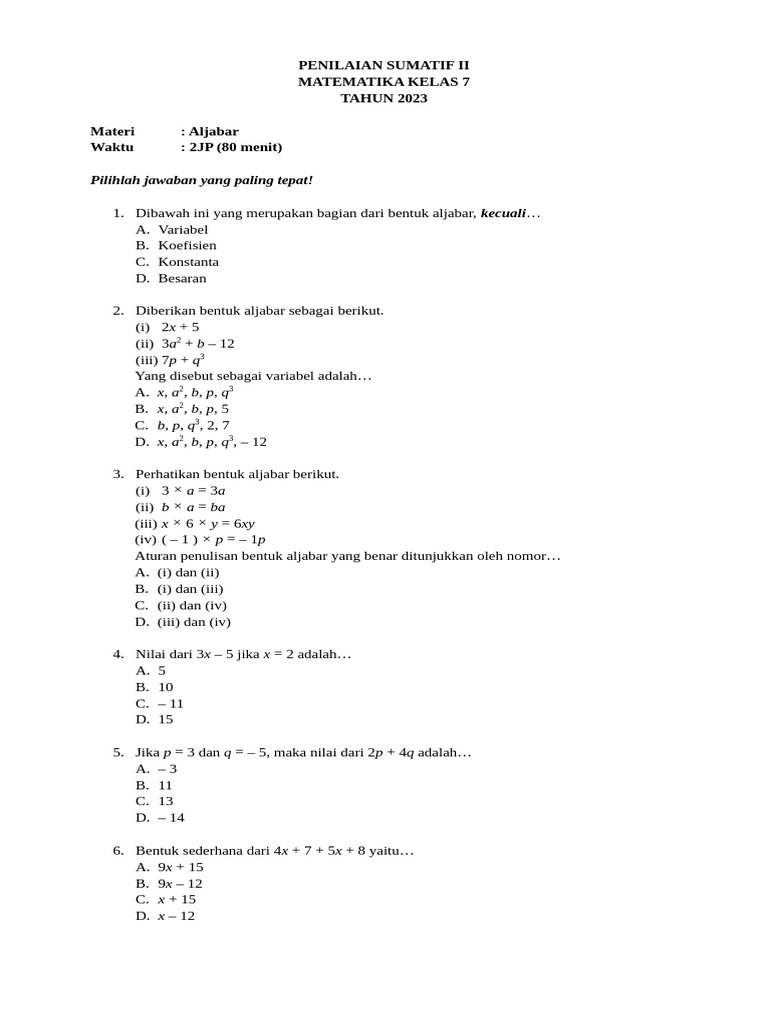 PENILAIAN SUMATIF Matematika Kelas 7 | PDF
